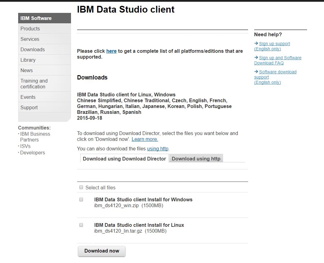IBM Data Studio Client Download Files Screen